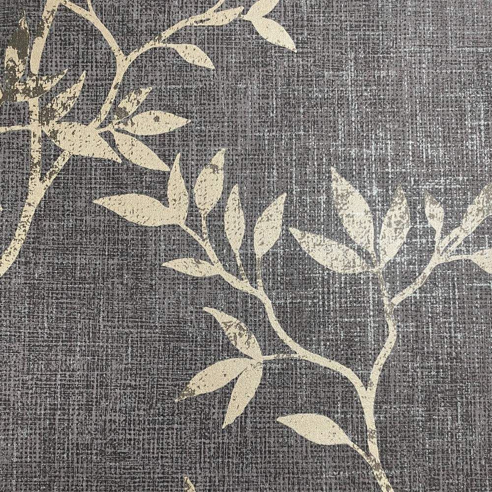 Japandi Leaf Charcoal & Metallic Gold Floral Wallpaper 173572 | Darcy James